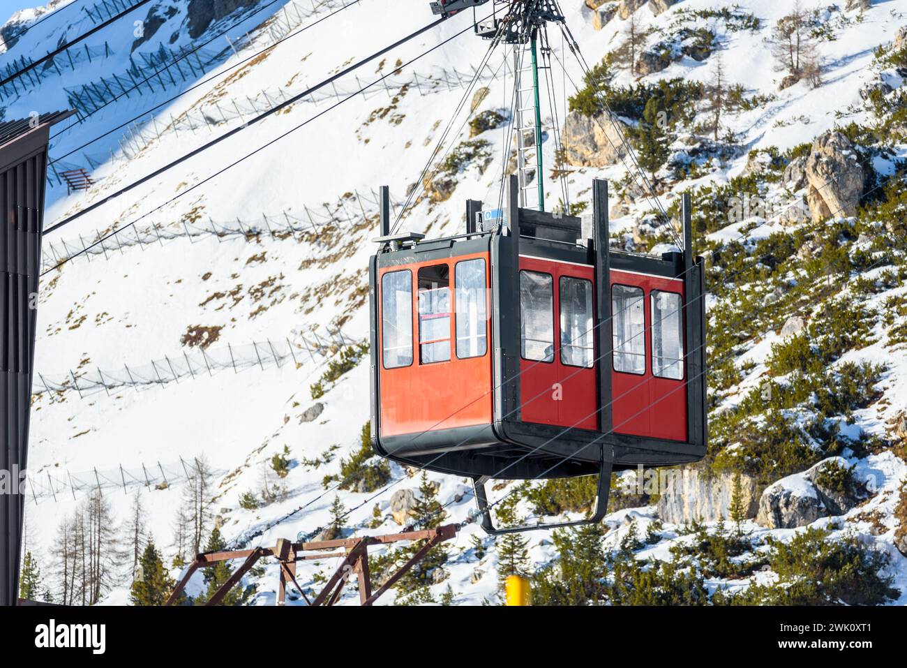 Detail of an aerial tramway passenger cabin approaching the lower ...