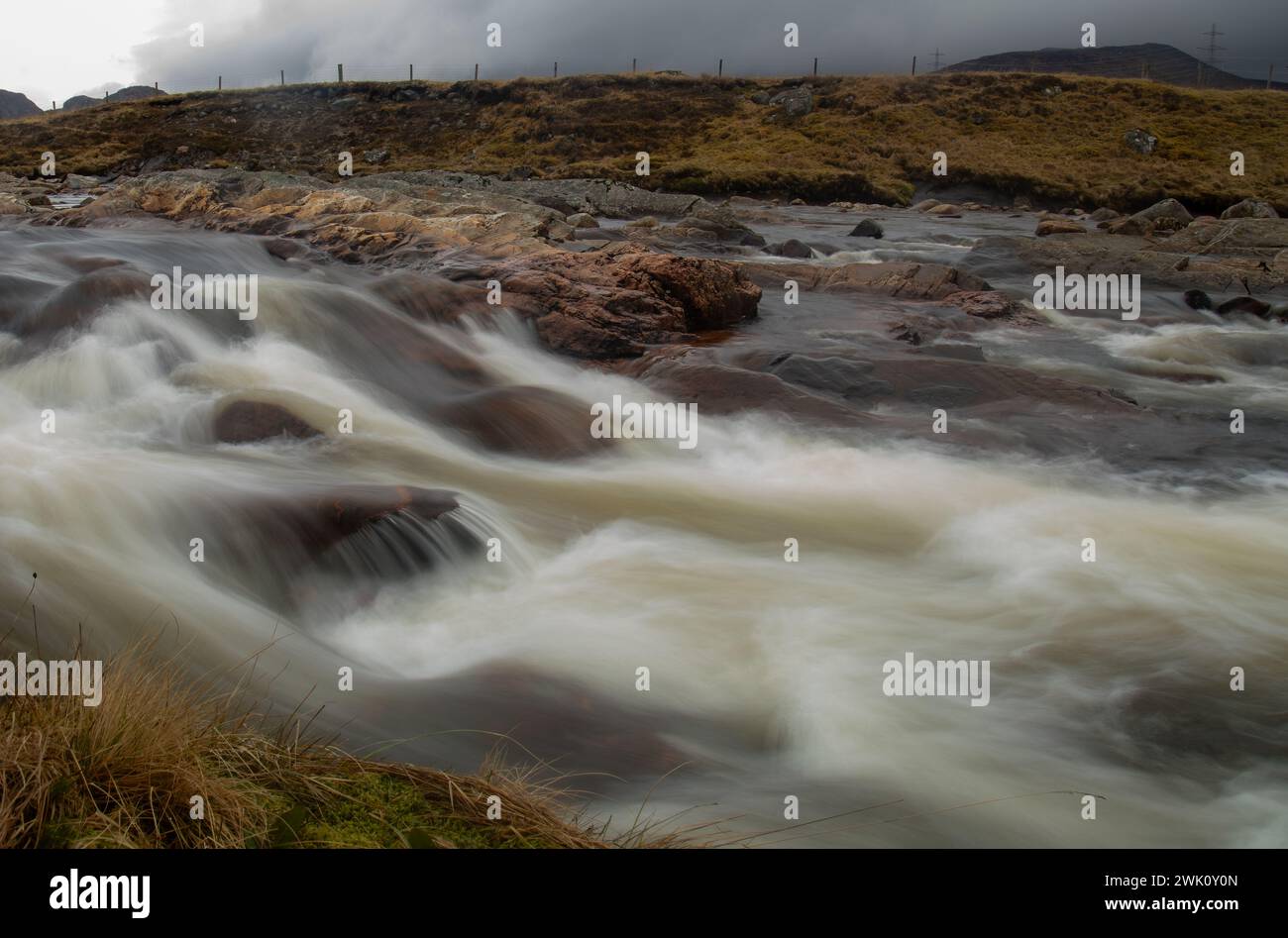 Fast flowing river over rocks with mountain background Stock Photo - Alamy