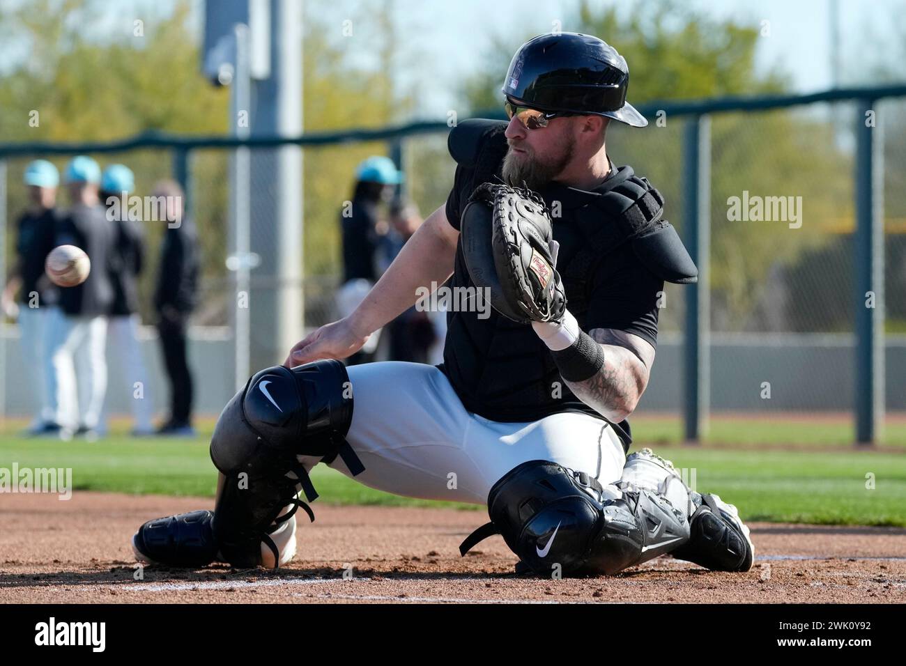 Arizona Diamondbacks catcher Tucker Barnhart reaches for a ball during ...