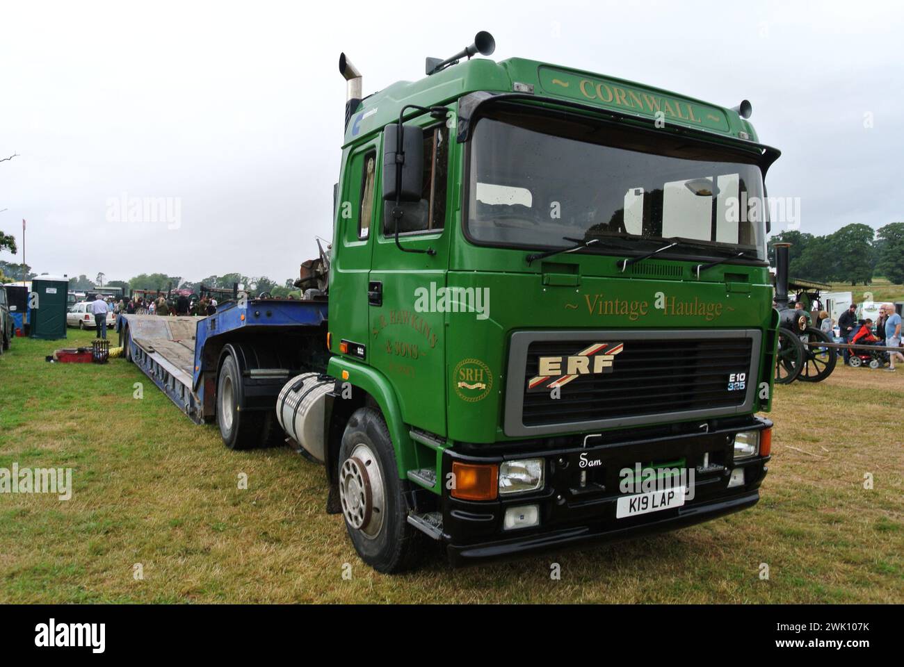 A 1993 ERF E10 lorry with low loader trailer parked on display at the ...