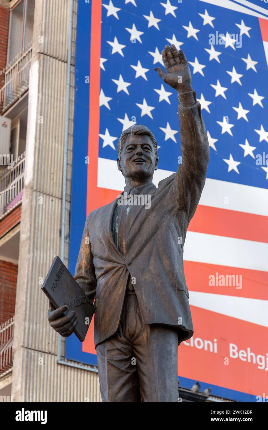 Pristina, Kosovo - February 5, 2024: Statue of Bill Clinton as a sign ...