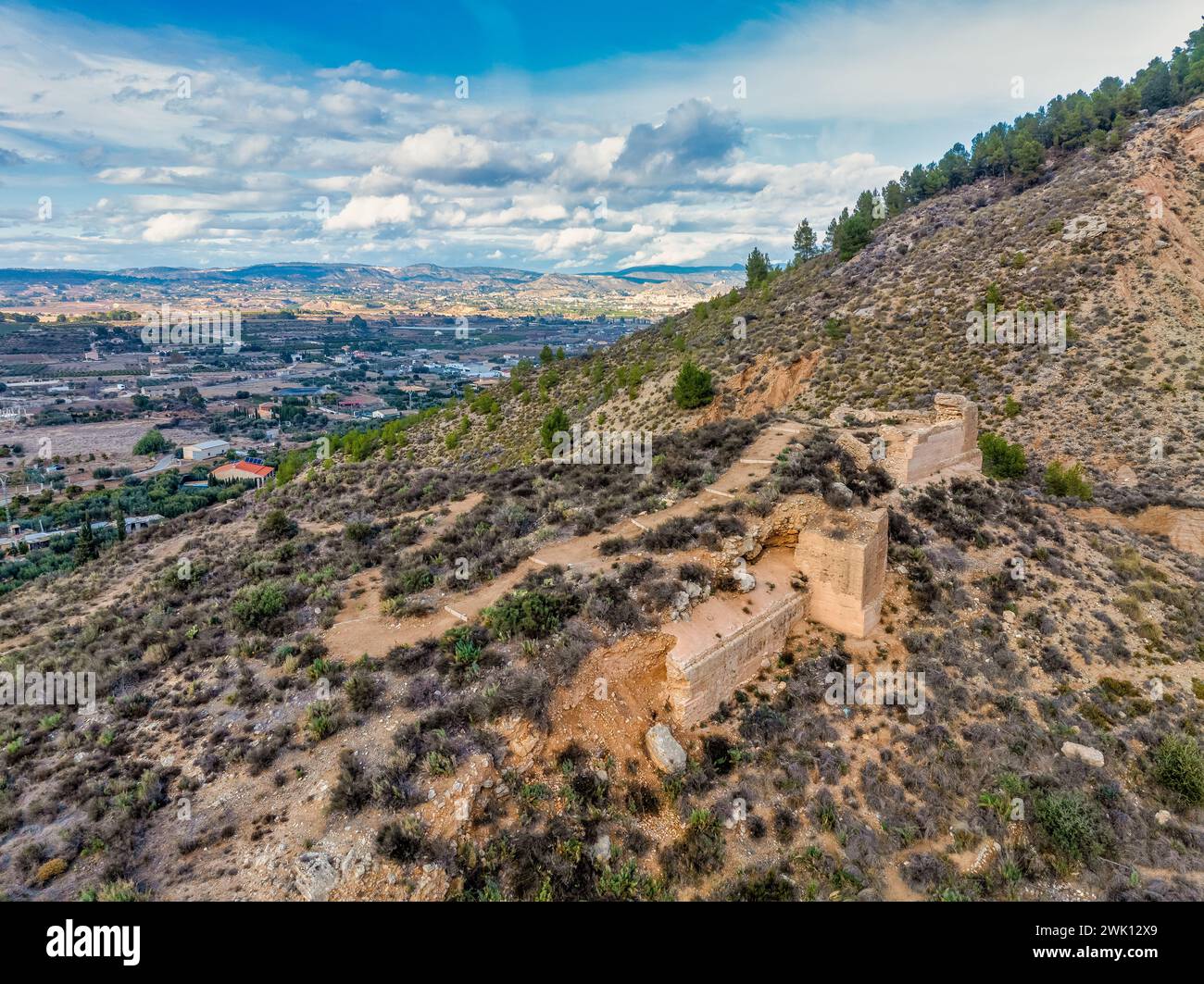 Aerial view of Pliego town and medieval castle in Southern Spain ...