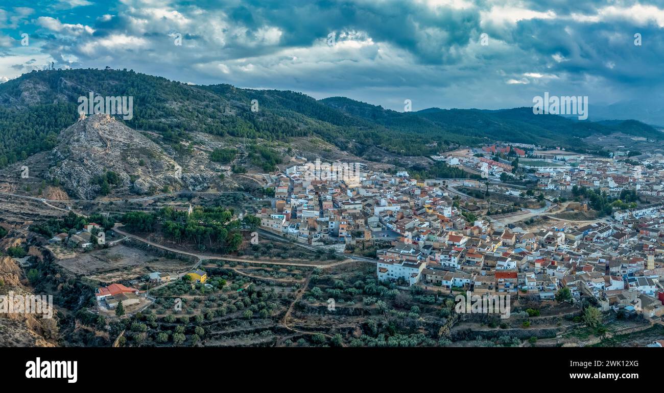 Aerial view of Pliego town and medieval castle in Southern Spain ...