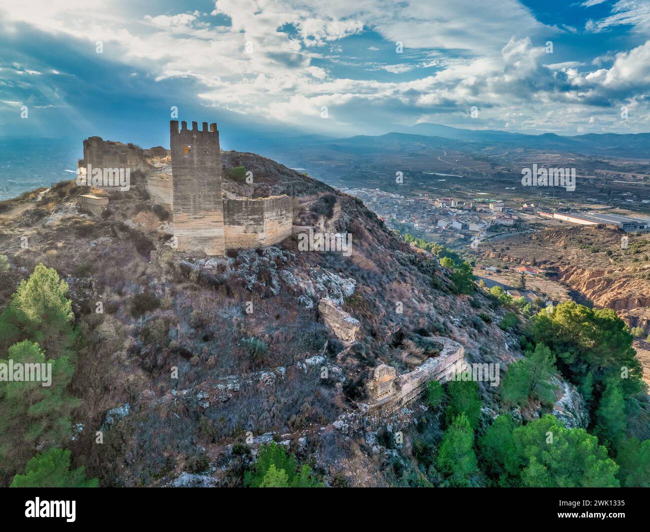 Aerial view of Pliego town and medieval castle in Southern Spain ...