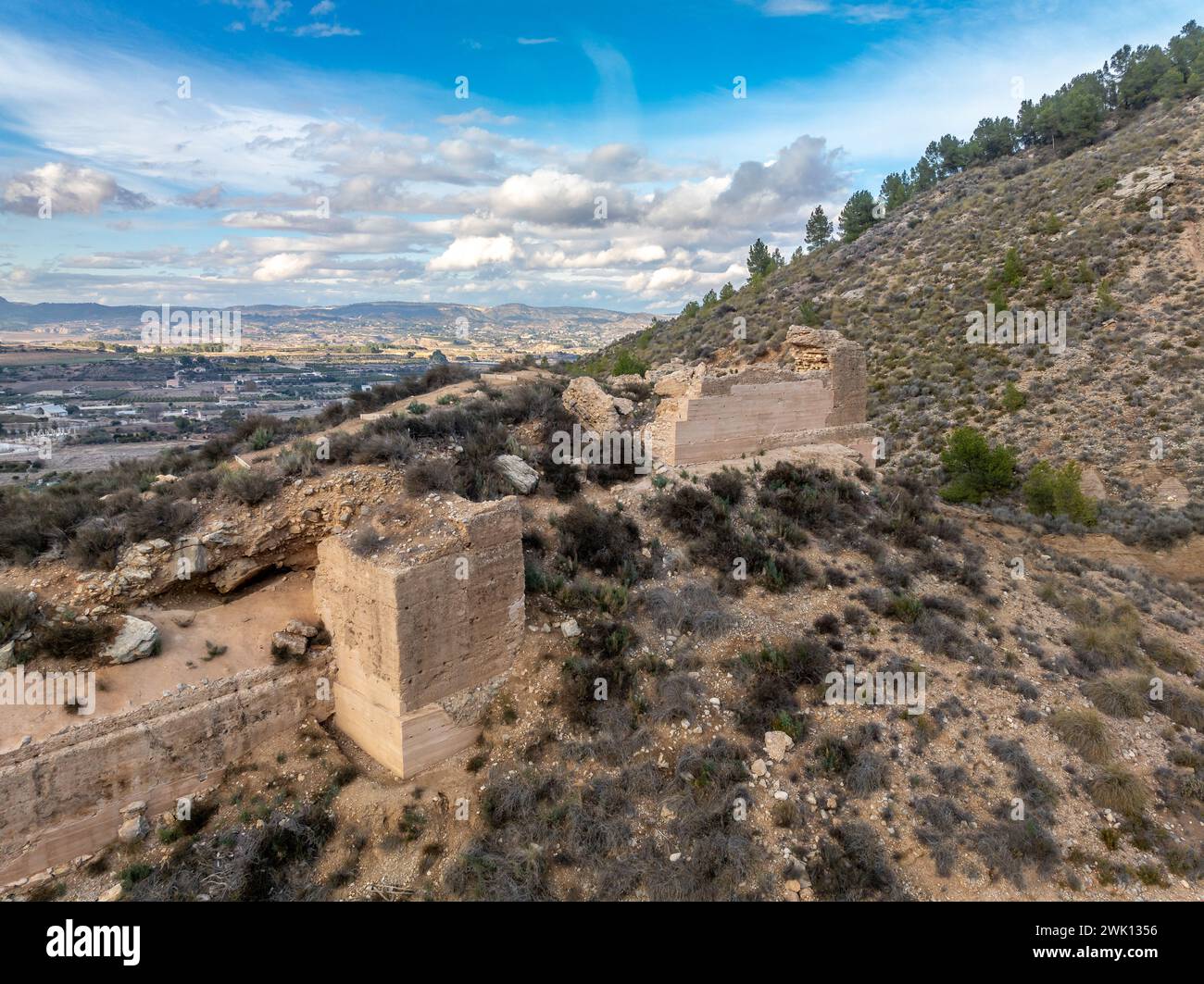 Aerial view of Pliego town and medieval castle in Southern Spain ...