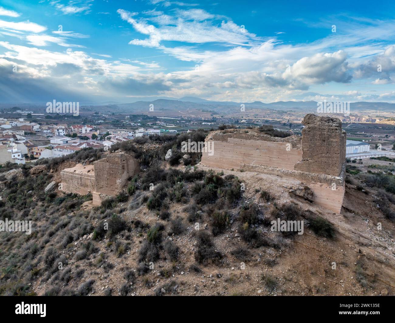 Aerial view of Pliego town and medieval castle in Southern Spain ...