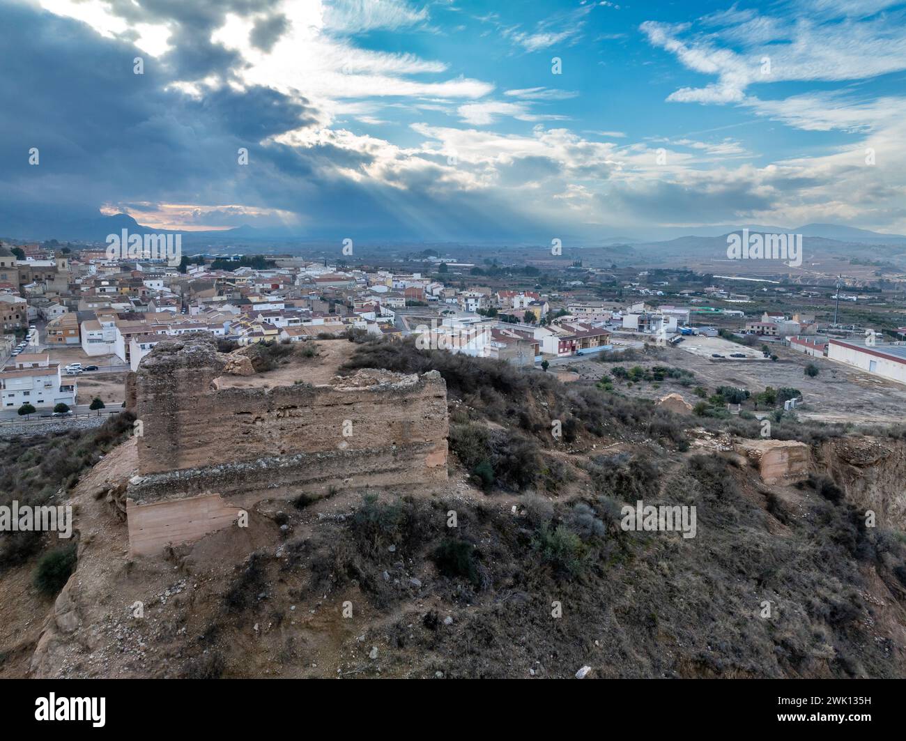 Aerial view of Pliego town and medieval castle in Southern Spain ...