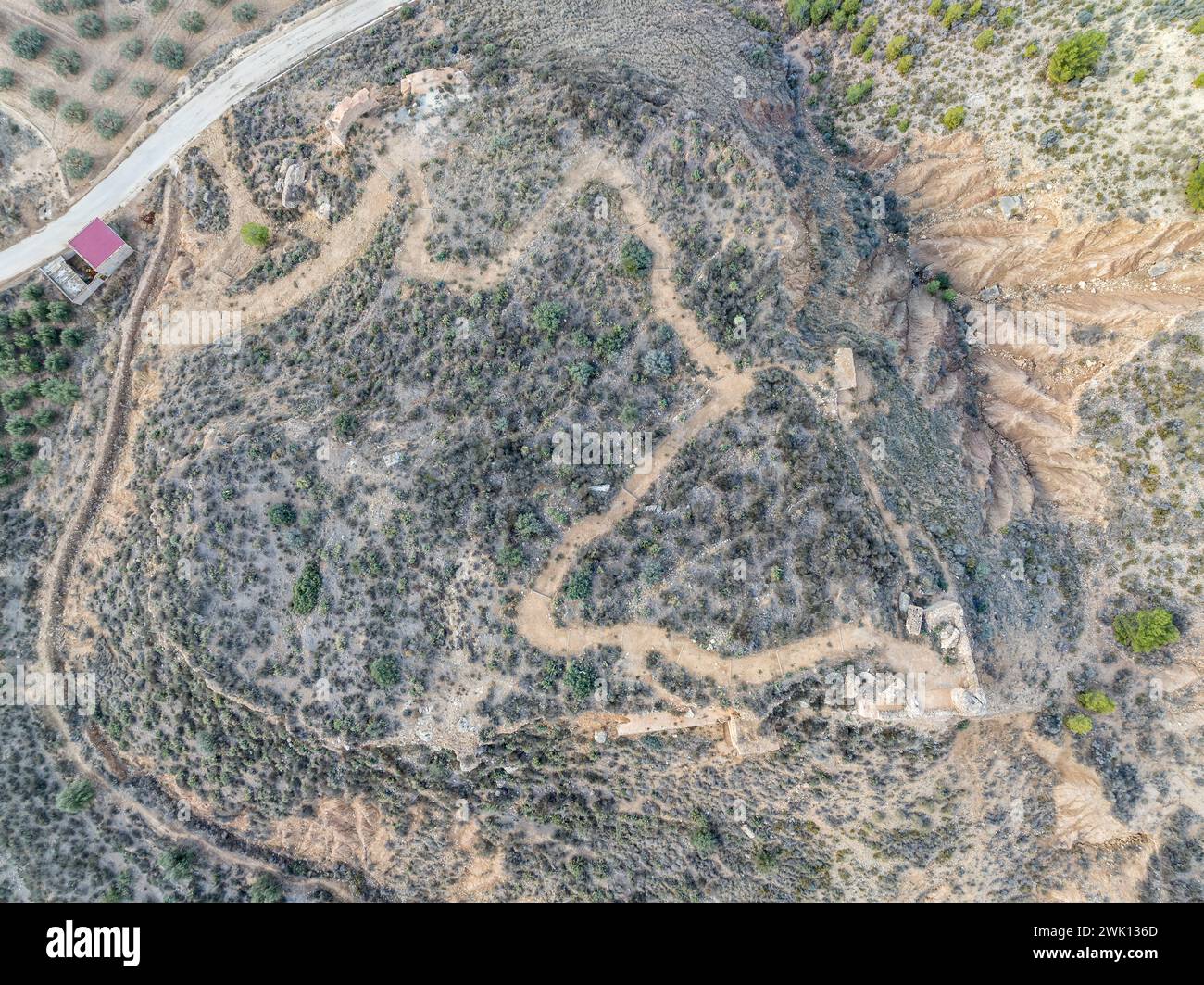 Aerial view of Pliego town and medieval castle in Southern Spain ...