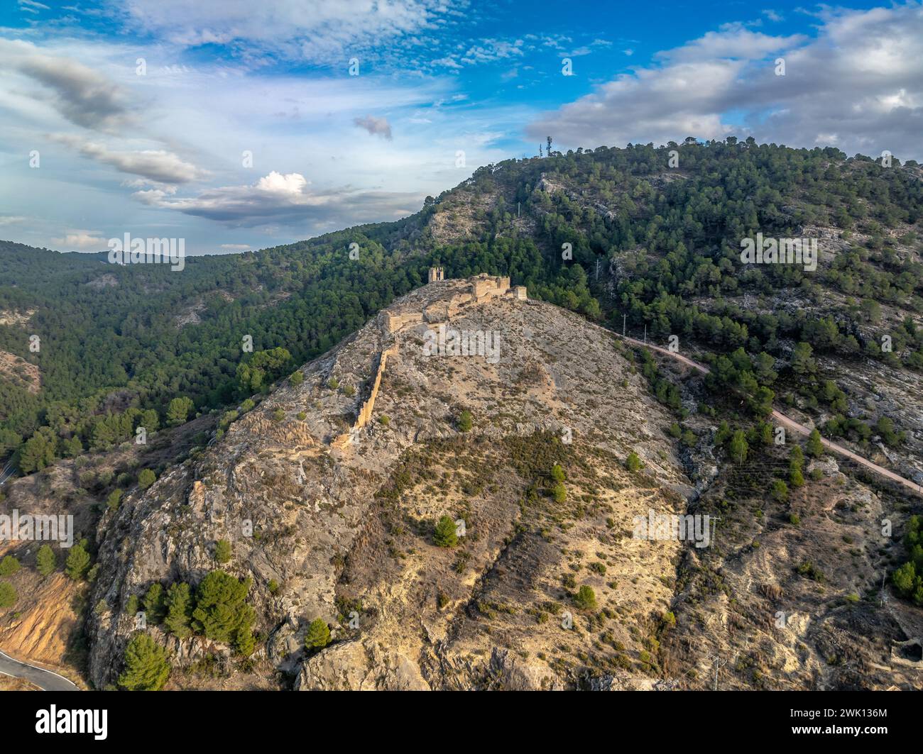 Aerial view of Pliego town and medieval castle in Southern Spain ...