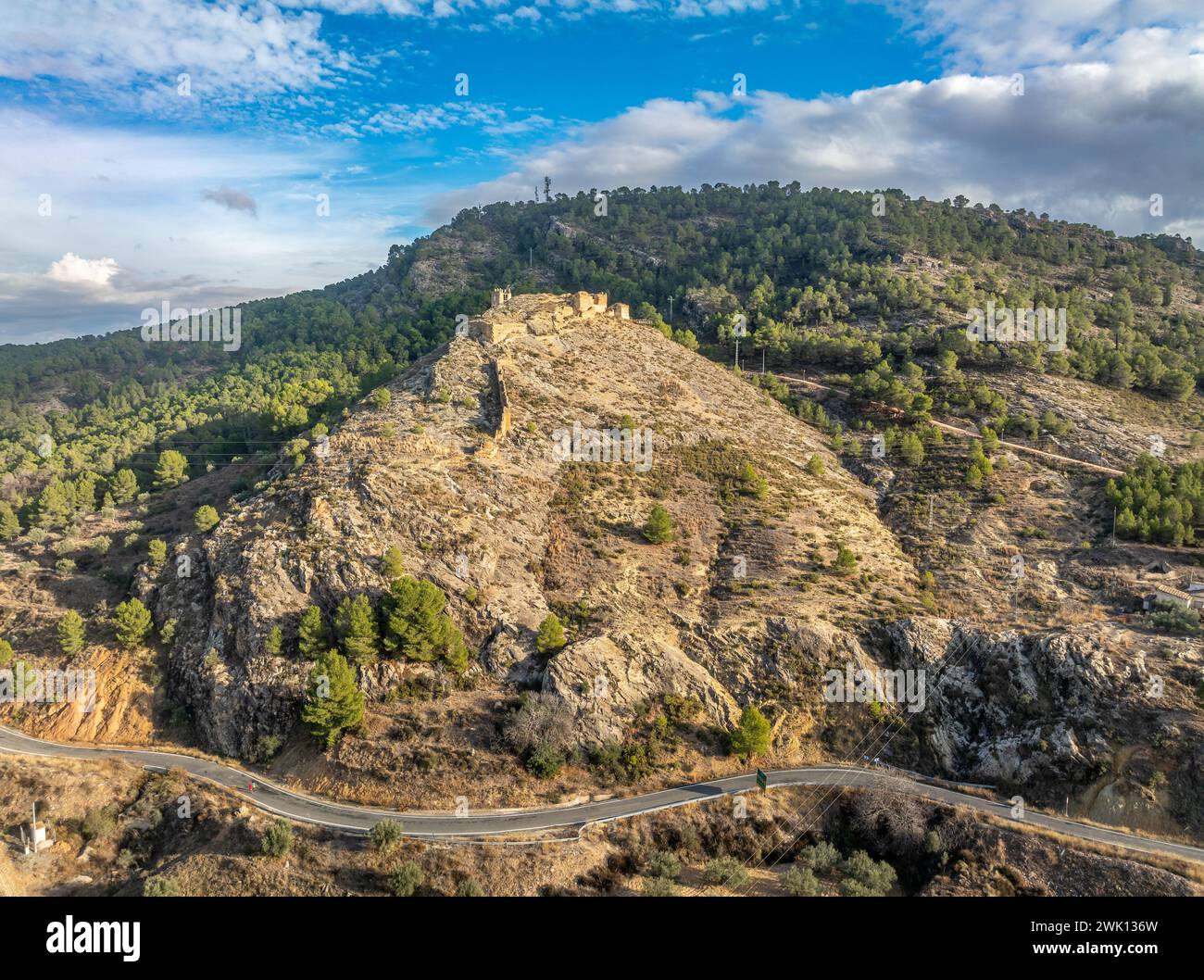 Aerial view of Pliego town and medieval castle in Southern Spain ...