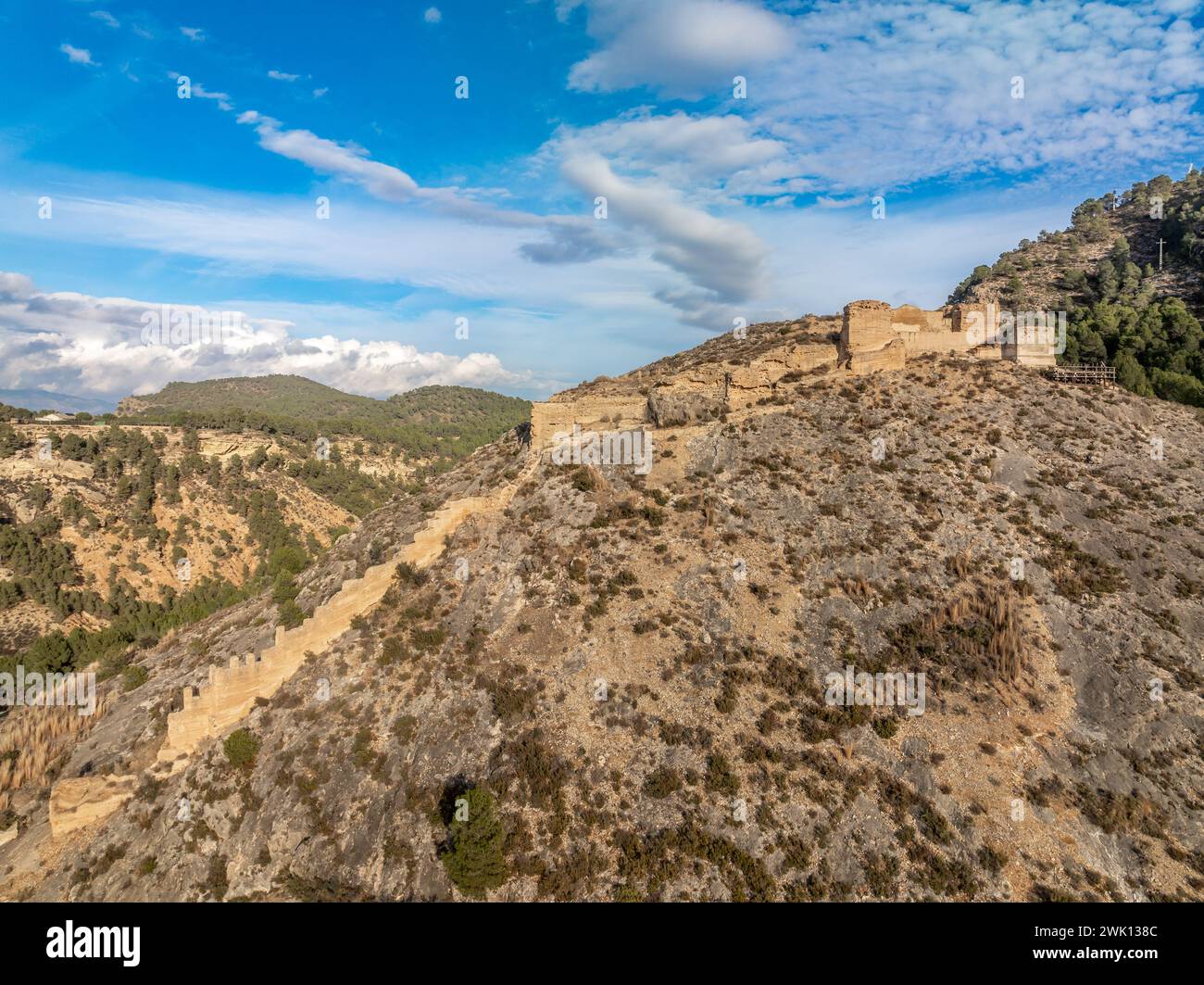Aerial view of Pliego town and medieval castle in Southern Spain ...