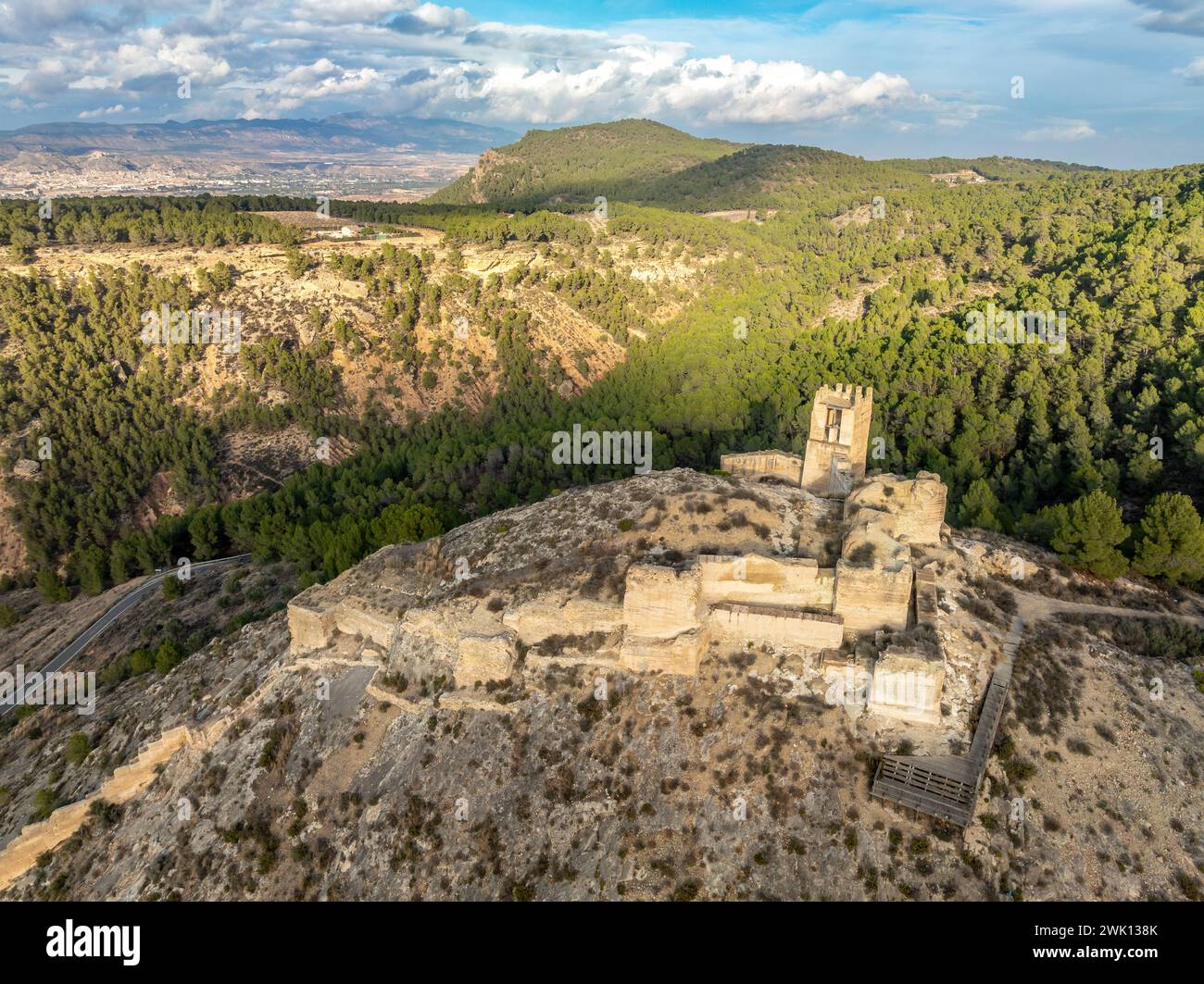 Aerial view of Pliego town and medieval castle in Southern Spain ...