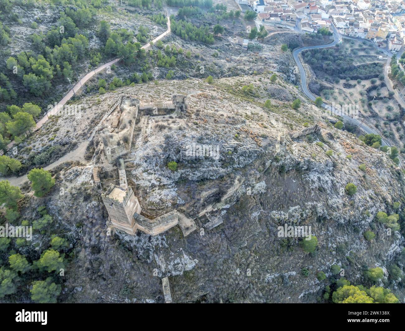 Aerial view of Pliego town and medieval castle in Southern Spain ...