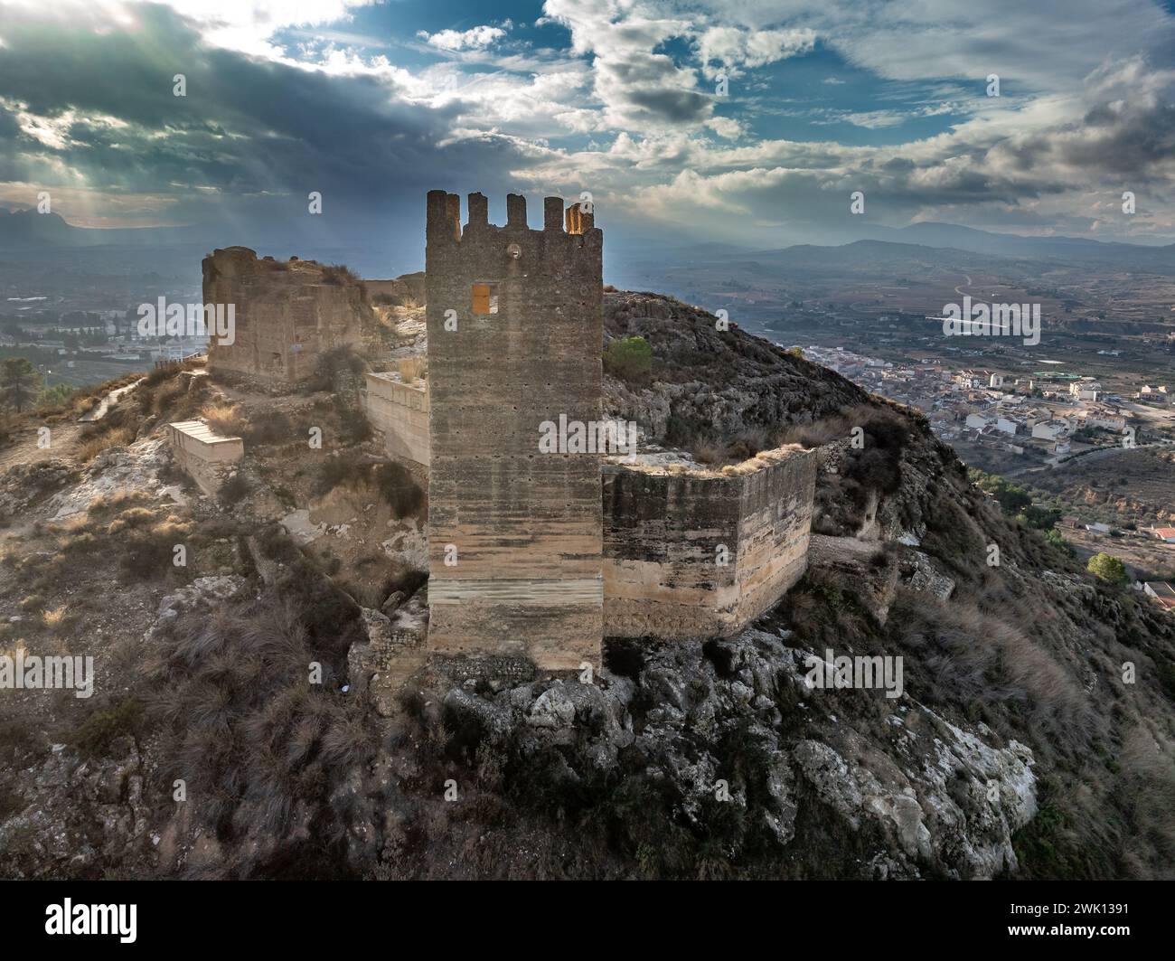 Aerial view of Pliego town and medieval castle in Southern Spain ...