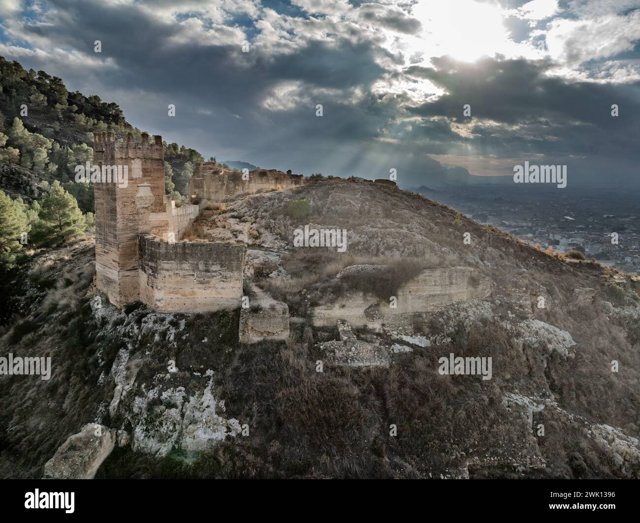 Aerial view of Pliego town and medieval castle in Southern Spain ...
