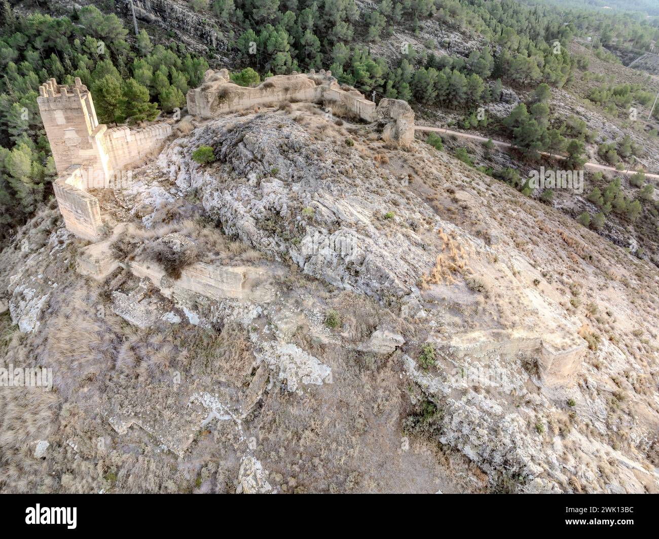 Aerial view of Pliego town and medieval castle in Southern Spain ...
