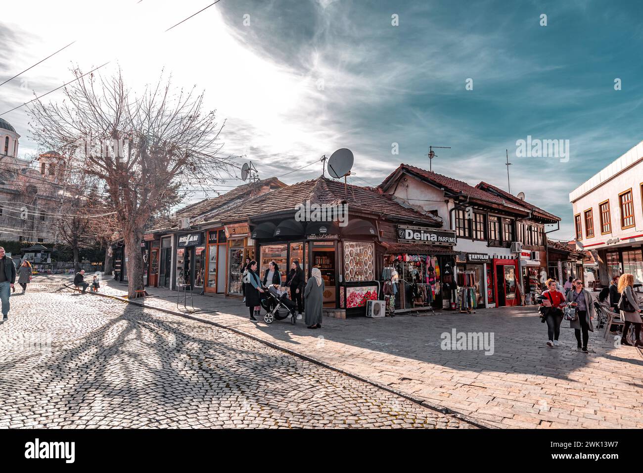 Prizren, Kosovo - 6 FEB 2024: Touristic stores and cafes around the ...