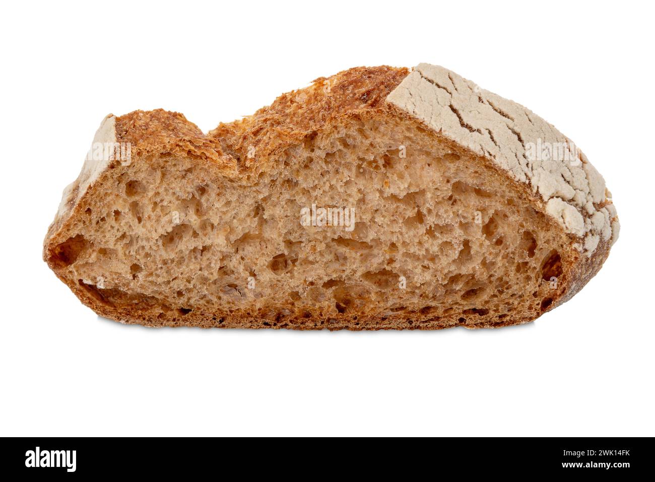 Slice of whole wheat flour bread with crust, isolated on white with ...