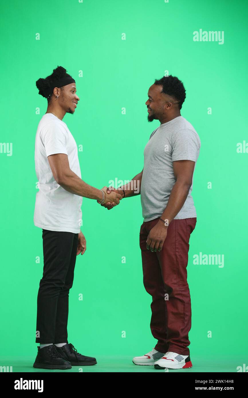 Men, full-length, on a green background, shaking hands Stock Photo - Alamy