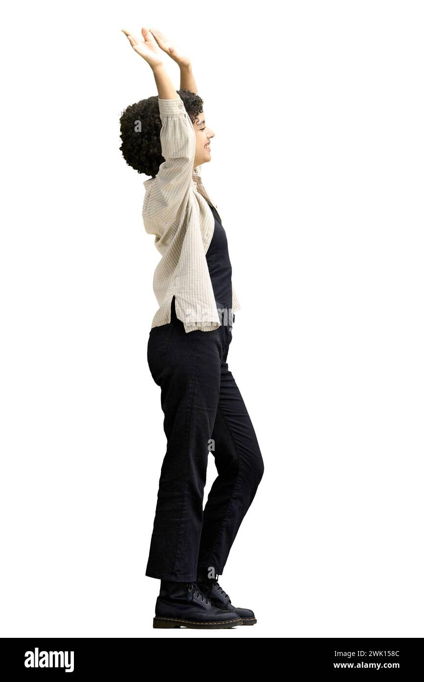 A woman, full-length, on a white background, waving her arms Stock ...