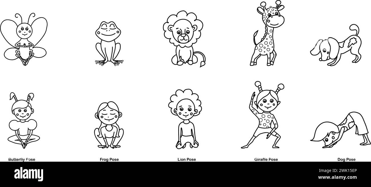 Set of kids yoga animal poses. Butterfly, frog, lion, giraffe, dog ...