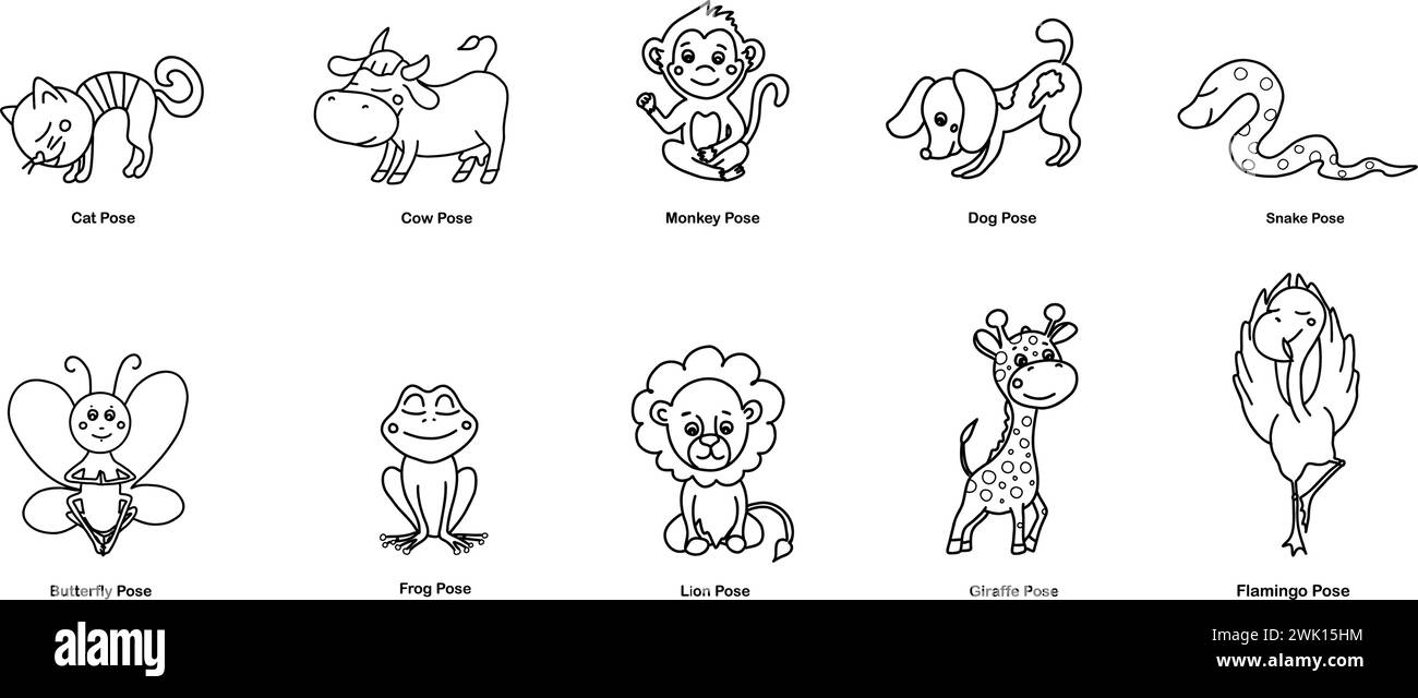 Set of animal yoga poses or asanas. Vector cartoon illustration in ...