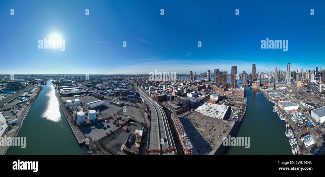 Aerial view of the Pulaski Bridge which crosses the Newtown Creek and ...