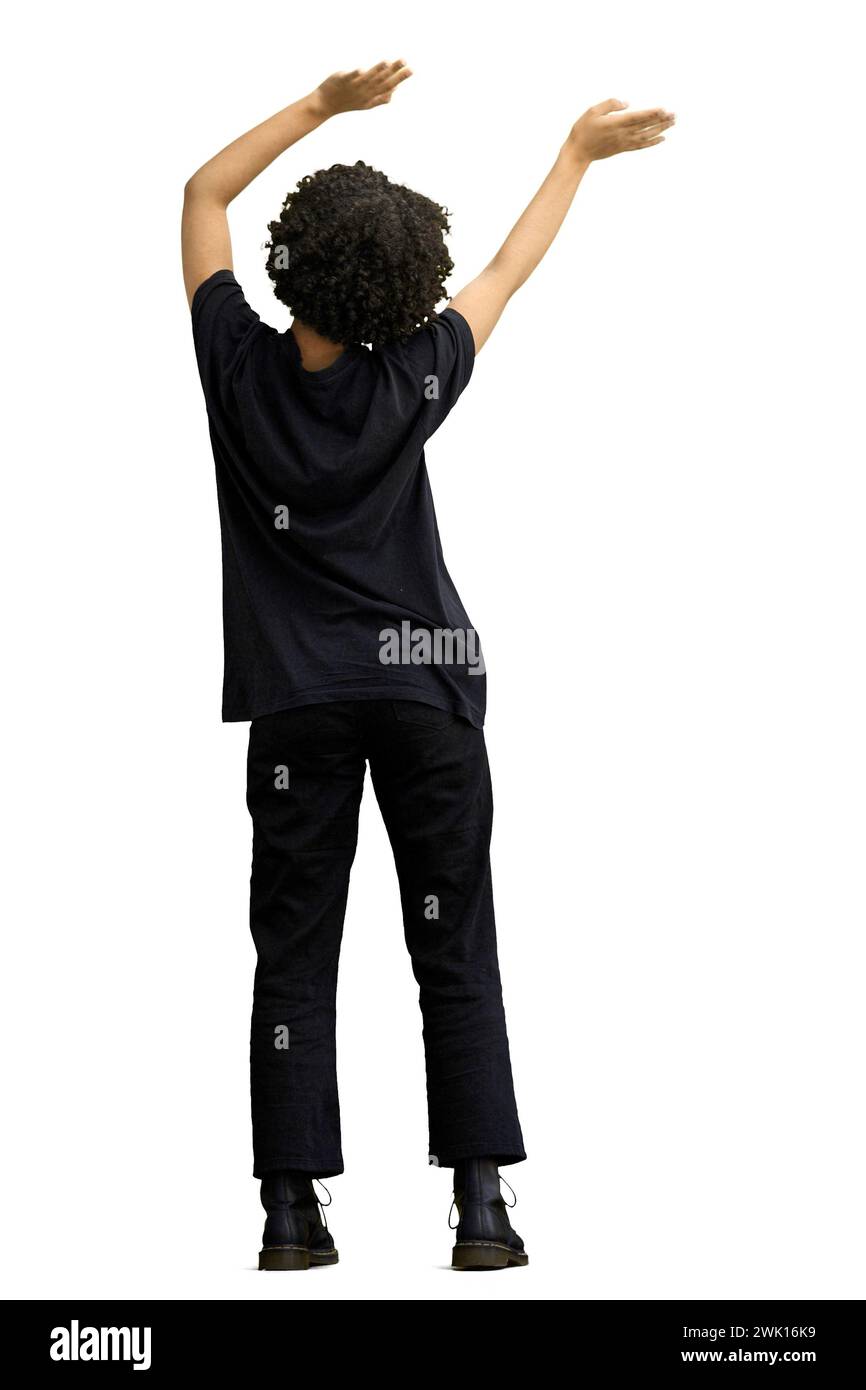 A woman, full-length, on a white background, waving her arms Stock ...