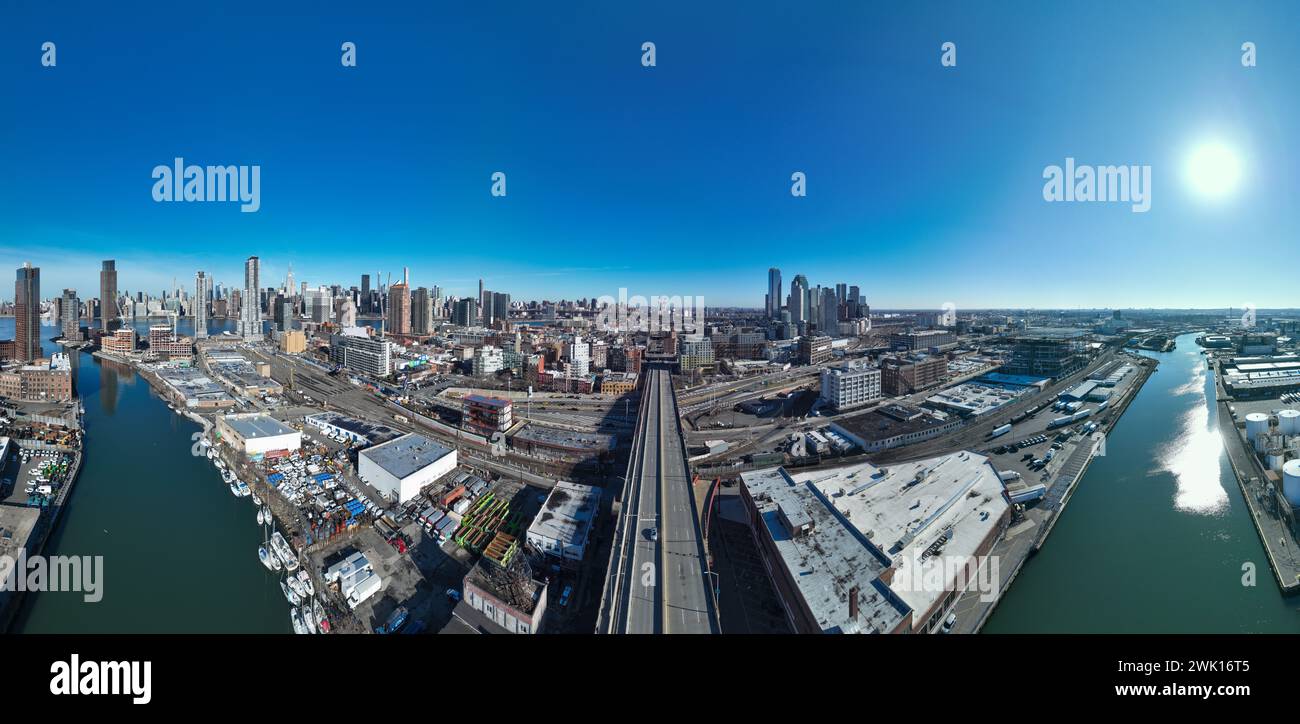 Aerial view of the Pulaski Bridge which crosses the Newtown Creek and ...