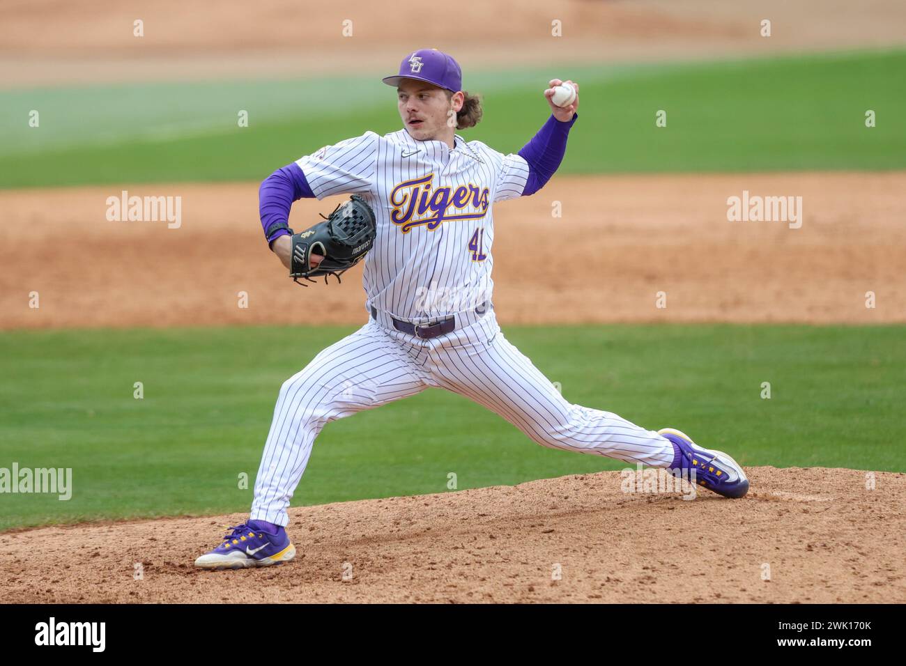 Baton Rouge, LA, USA. 17th Feb, 2024. LSU's pitcher DJ Primeaux (41 ...