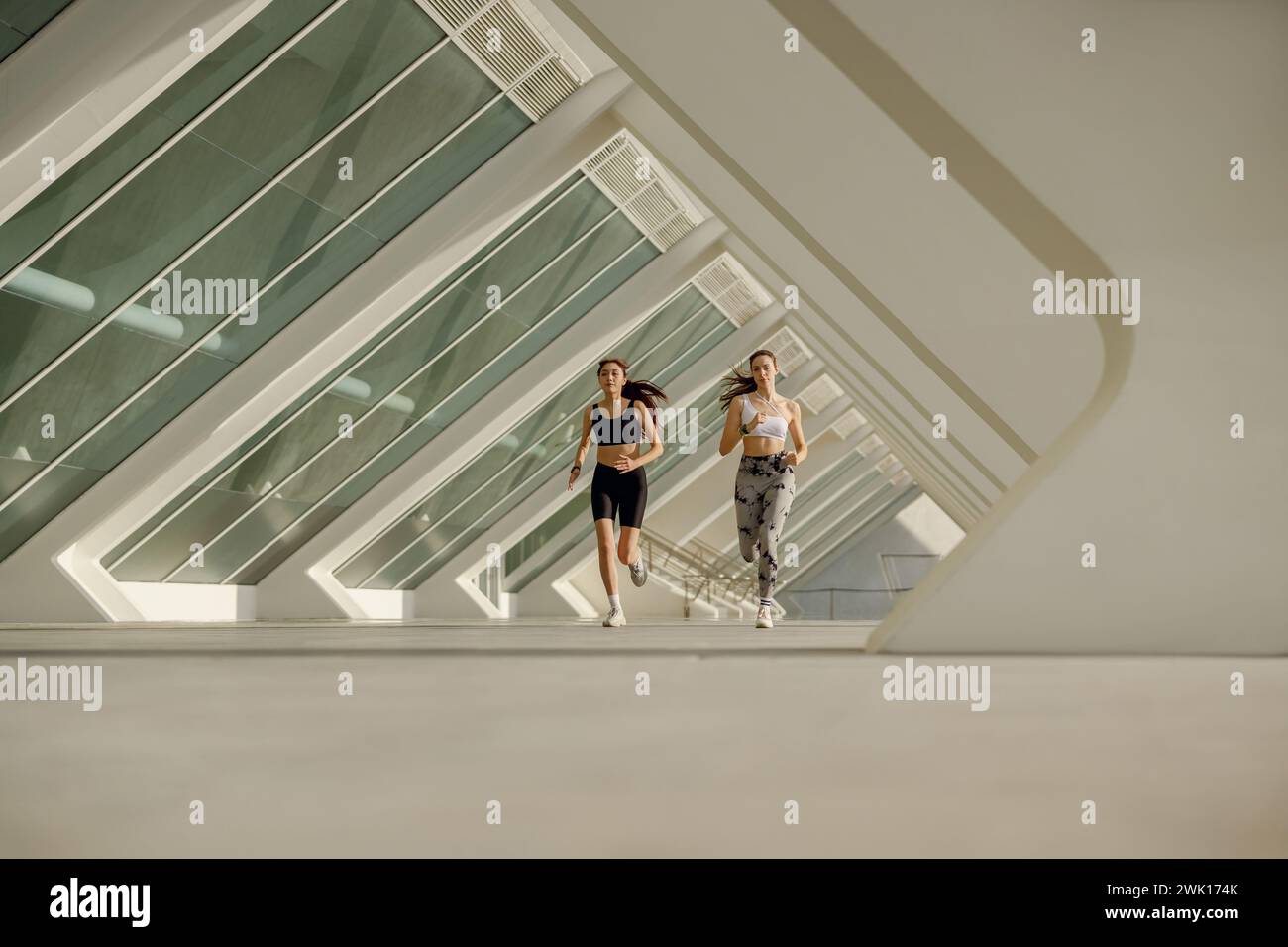 Two active women athlete running on sunny morning side by side on ...