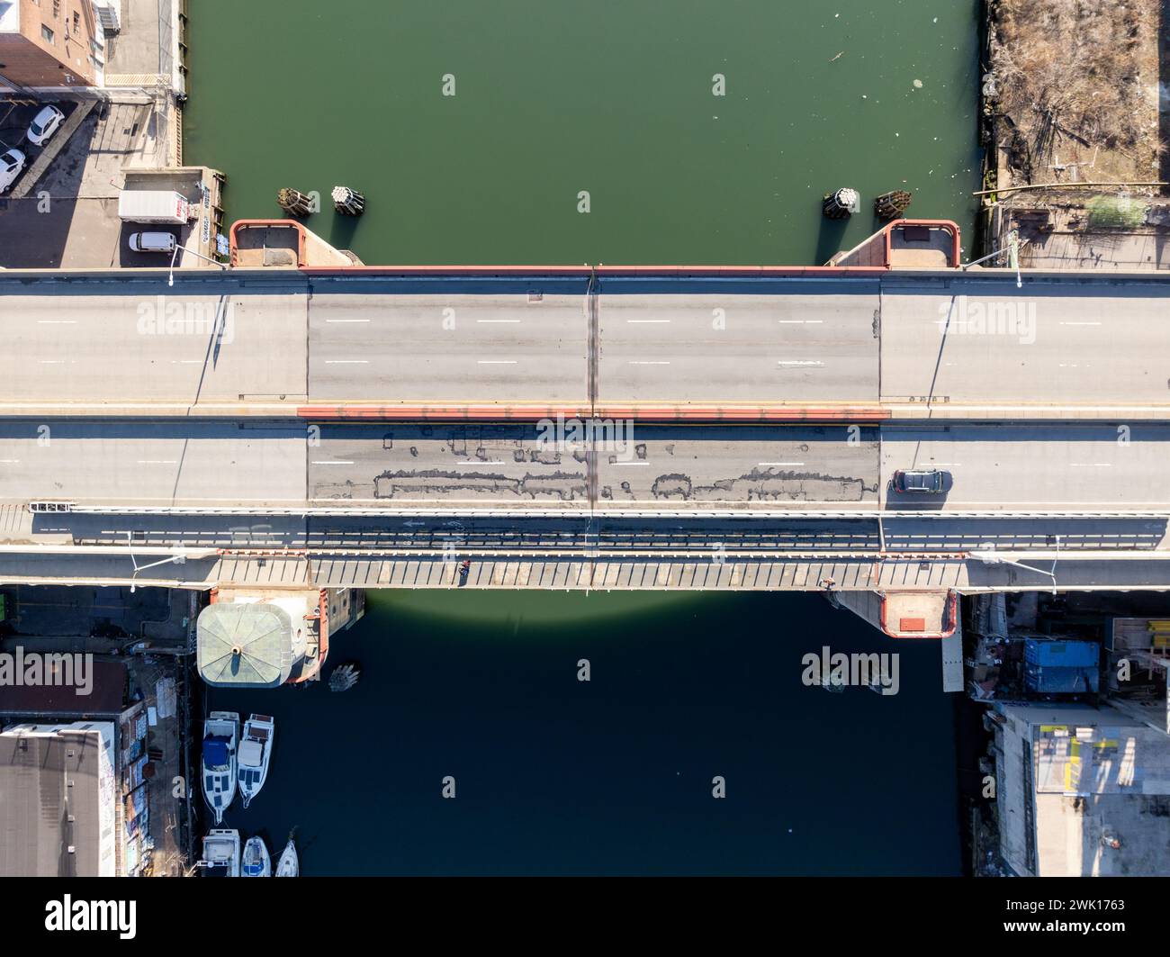 Aerial view of the Pulaski Bridge which crosses the Newtown Creek and ...