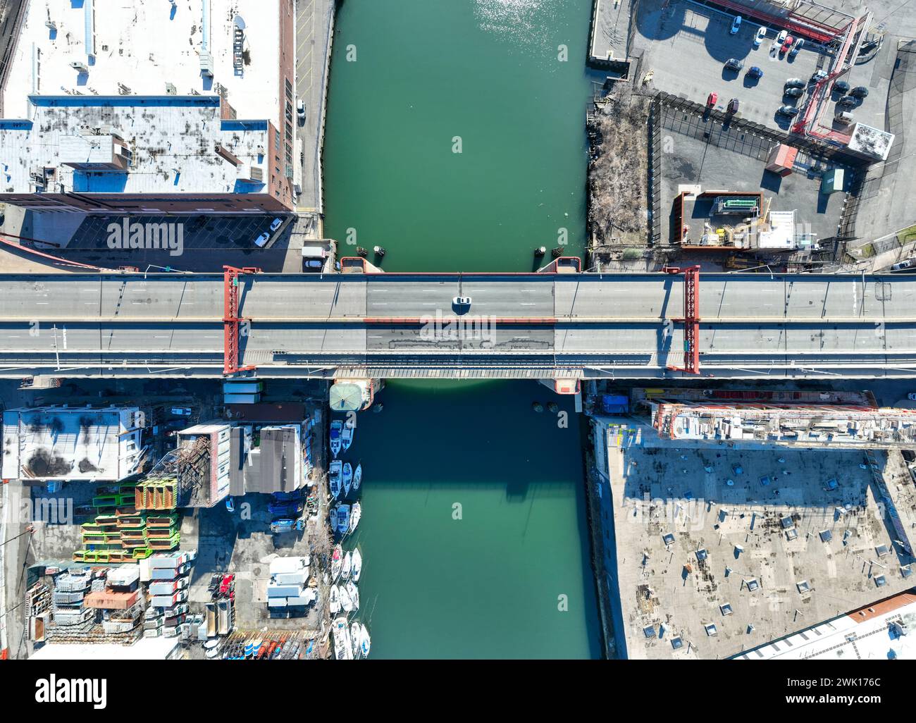 Aerial view of the Pulaski Bridge which crosses the Newtown Creek and ...