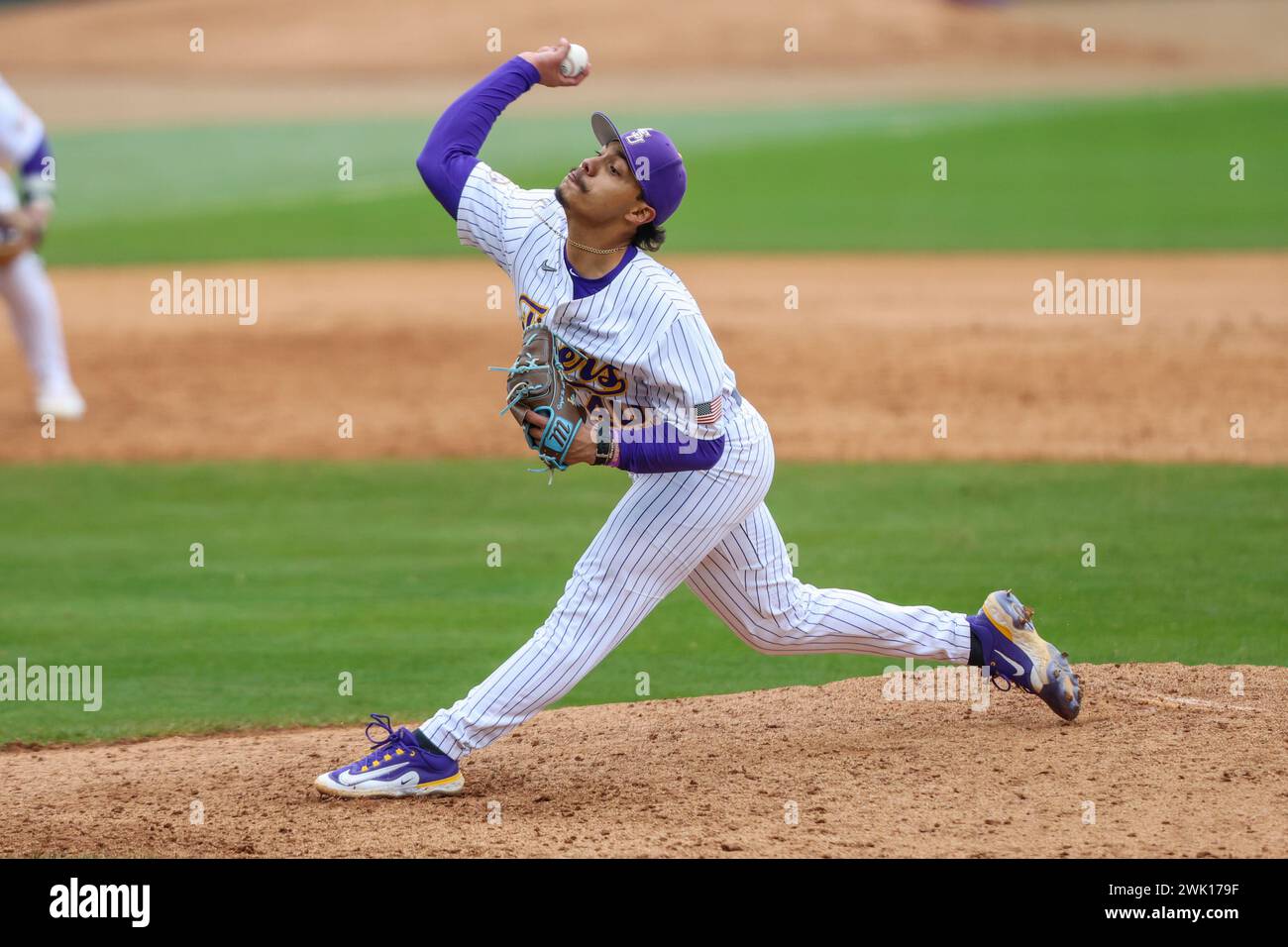 Baton Rouge, LA, USA. 17th Feb, 2024. LSU's pitcher Fidel Ulloa (40 ...