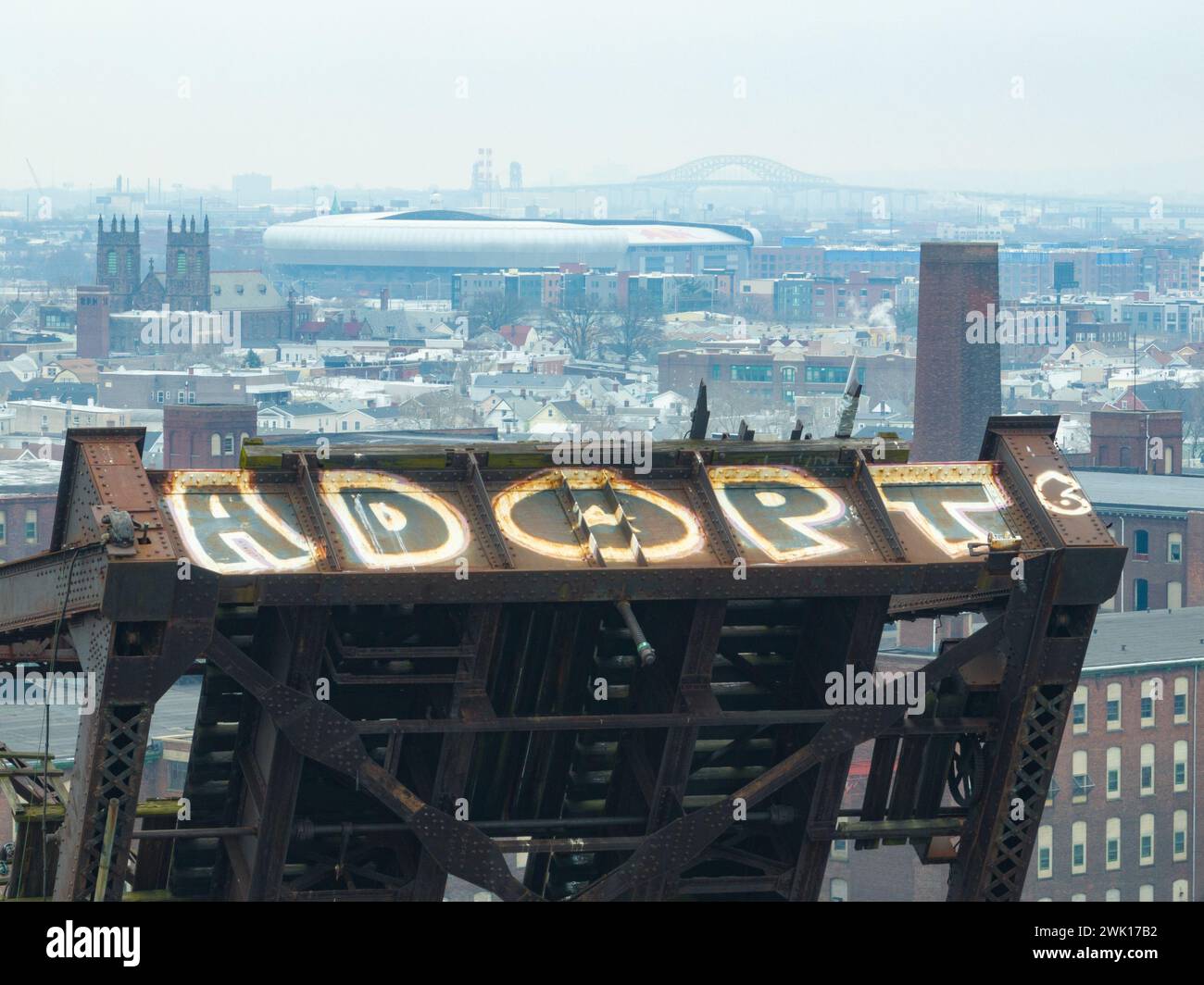 Aerial of Newark, NJ and NX Bridge over the Passaic River Stock Photo ...