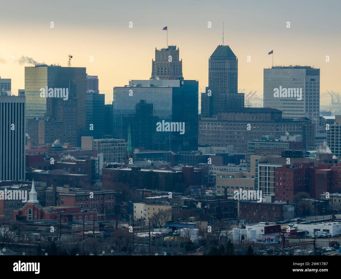 Aerial view of Newark, New Jersey, USA skyline on the Passaic River ...