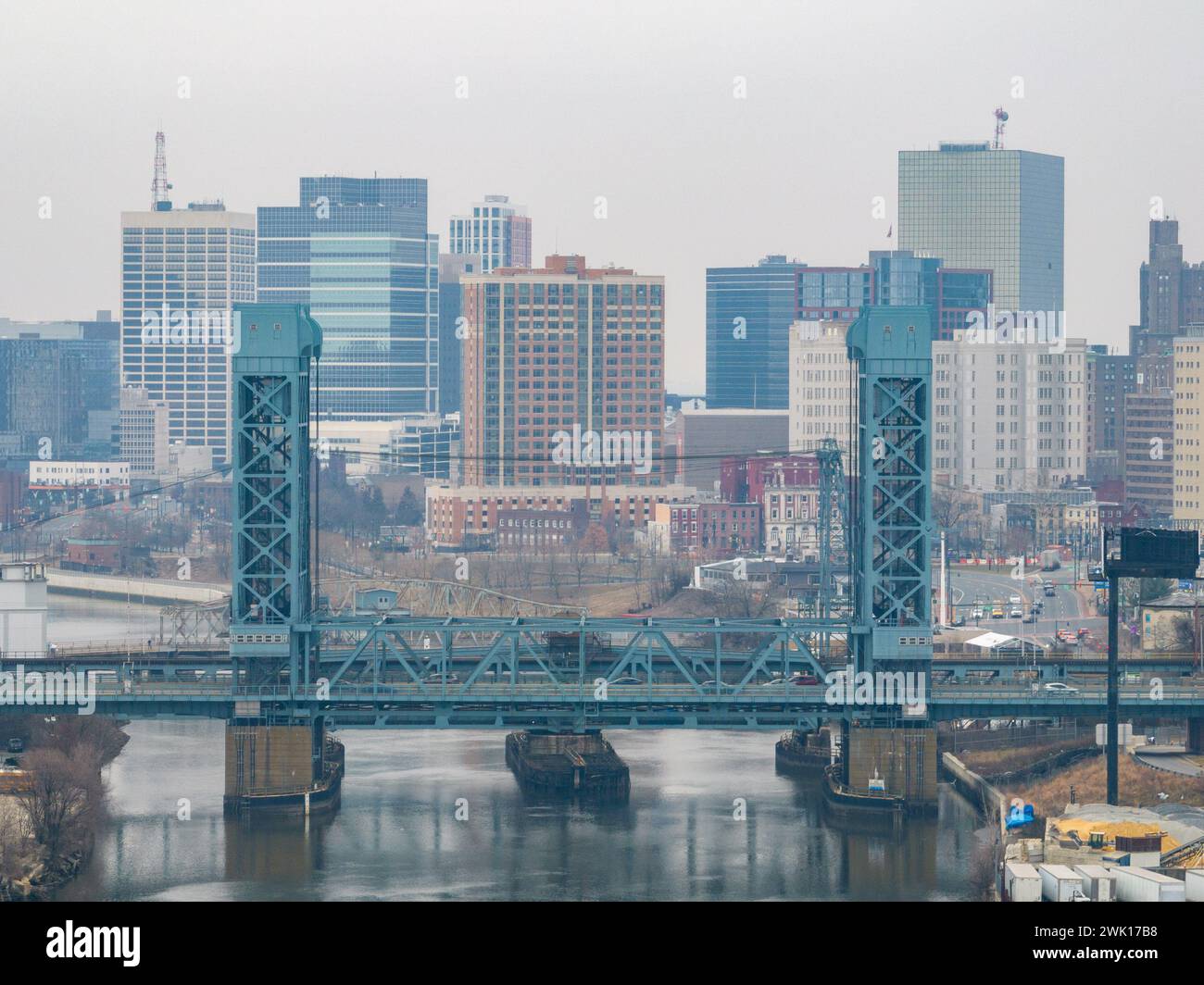 Aerial of Newark, NJ and NX Bridge over the Passaic River Stock Photo ...