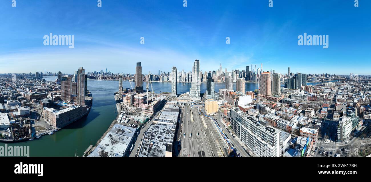 Aerial view of the Long Island City train station in Queens, New York ...
