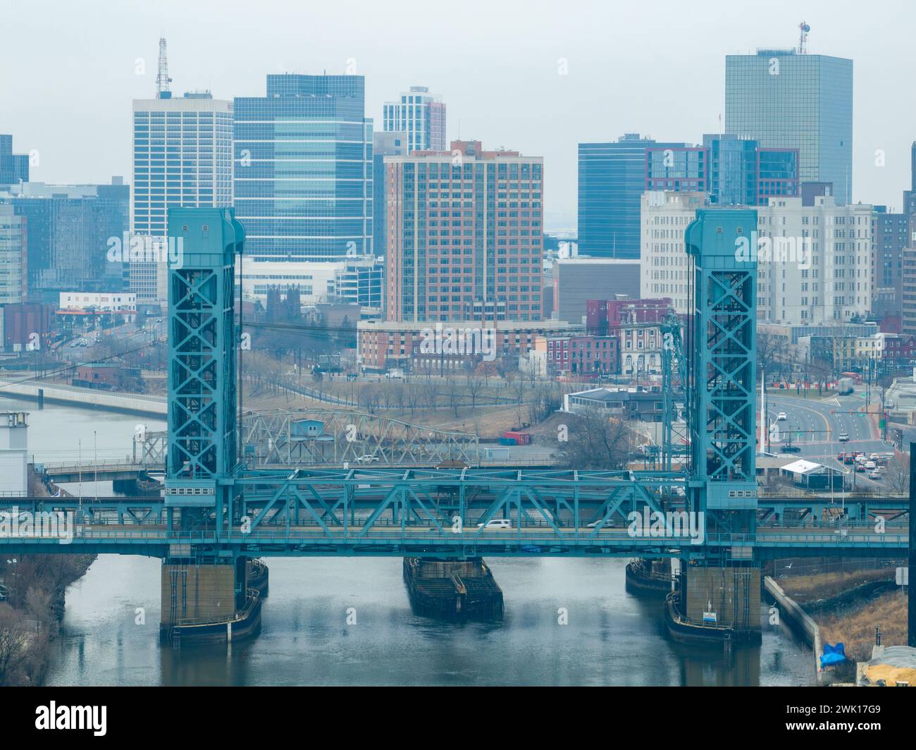 Aerial of Newark, NJ and NX Bridge over the Passaic River Stock Photo ...