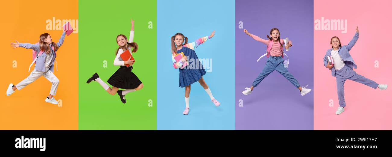 Schoolgirl on color backgrounds, set of photos Stock Photo - Alamy