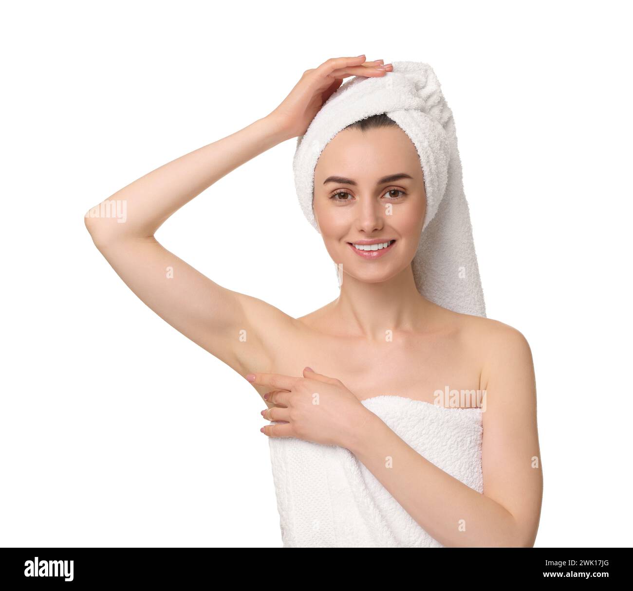 Beautiful woman showing armpit with smooth clean skin on white ...