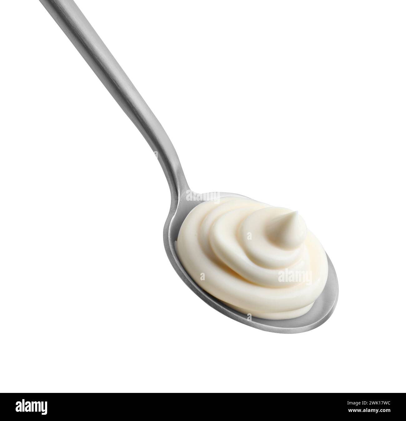 Silver spoon with mayonnaise isolated on white Stock Photo - Alamy