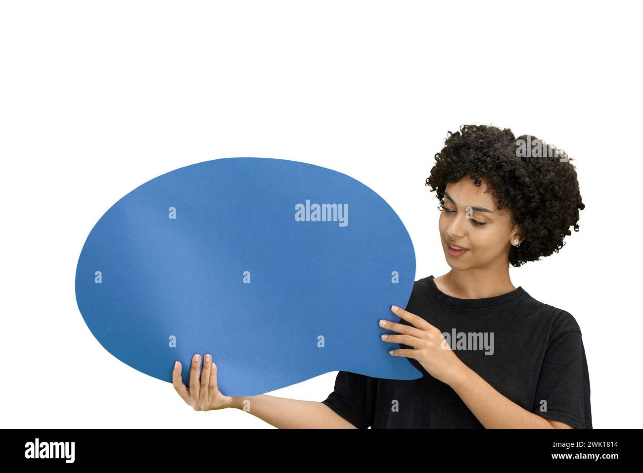Woman, close-up, on a white background, blue comment mark Stock Photo ...