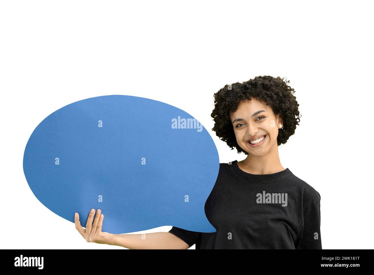 Woman, close-up, on a white background, blue comment mark Stock Photo ...