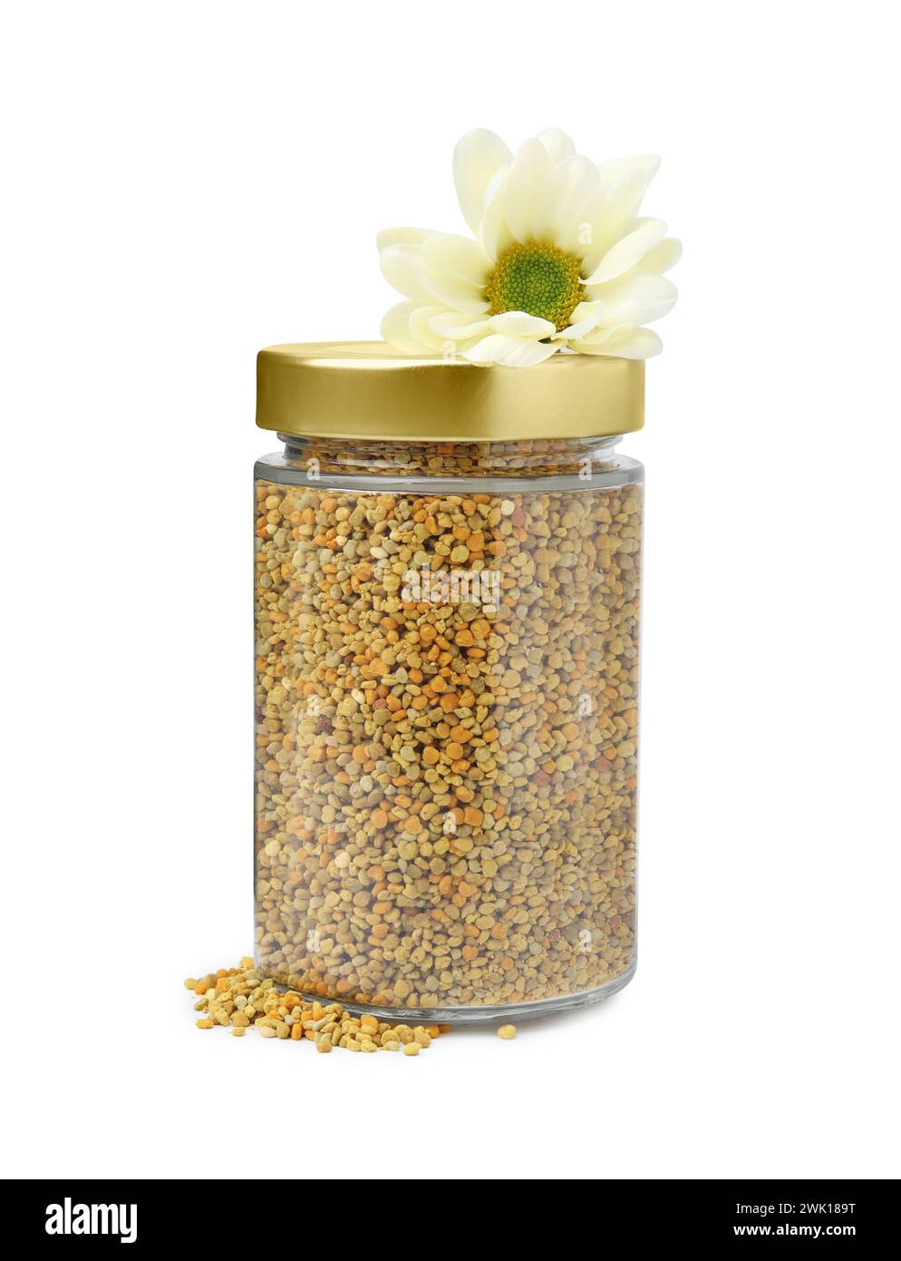 Fresh bee pollen granules in jar and flower isolated on white Stock ...