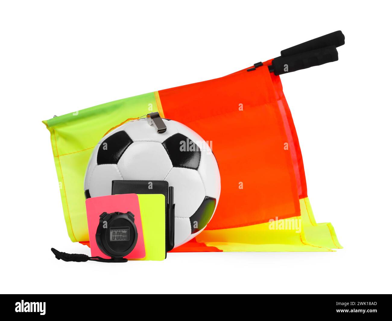 Football referee equipment. Soccer ball, flags, stopwatch, cards and ...