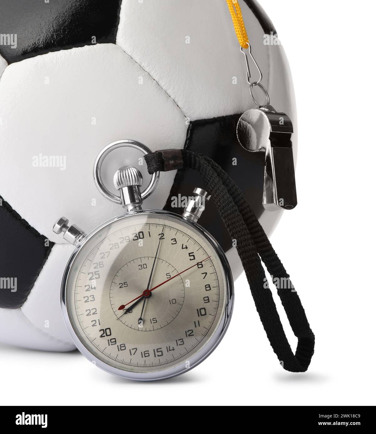 Football referee equipment. Soccer ball, stopwatch and whistle isolated ...