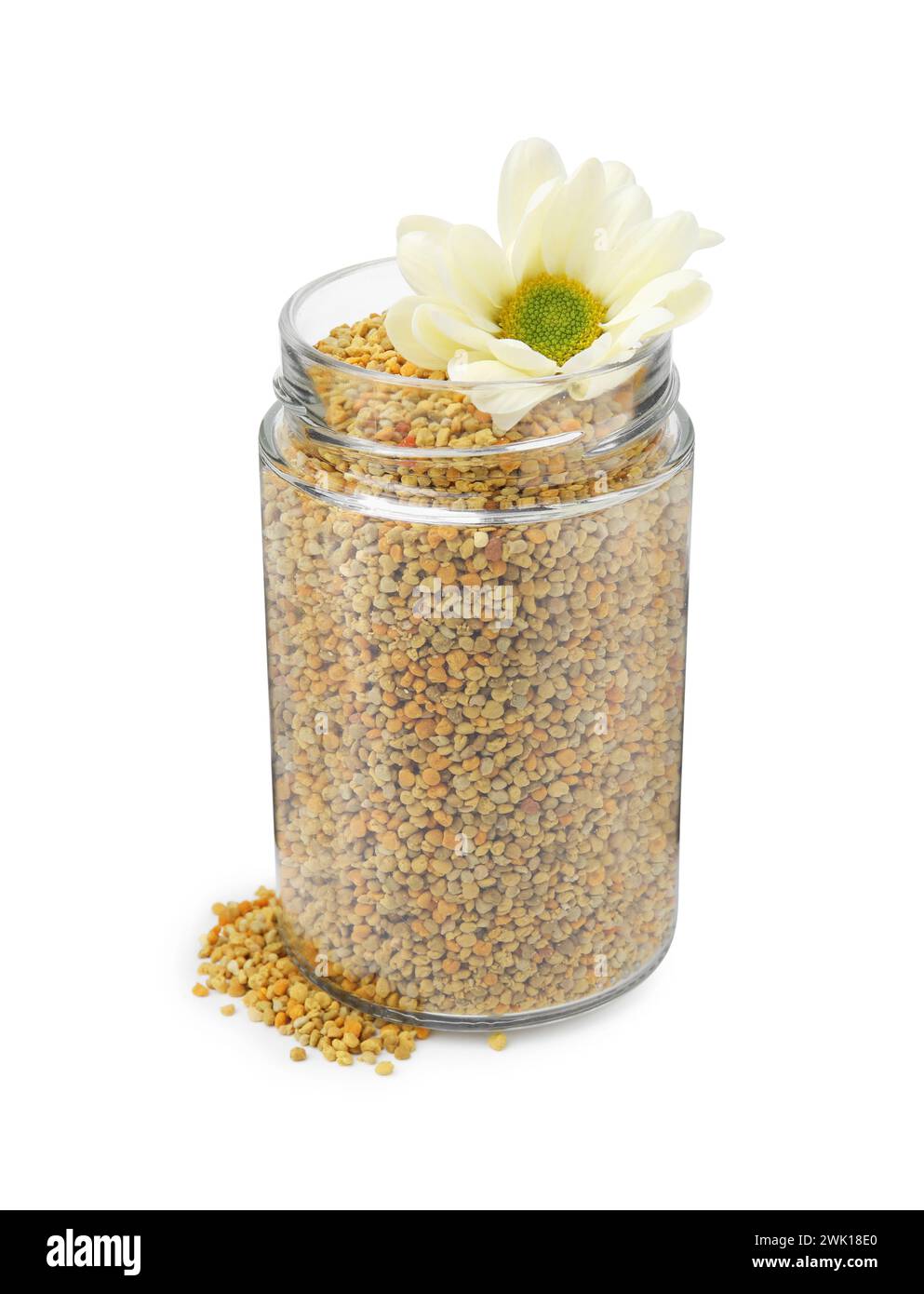 Fresh bee pollen granules in jar and flower isolated on white Stock ...