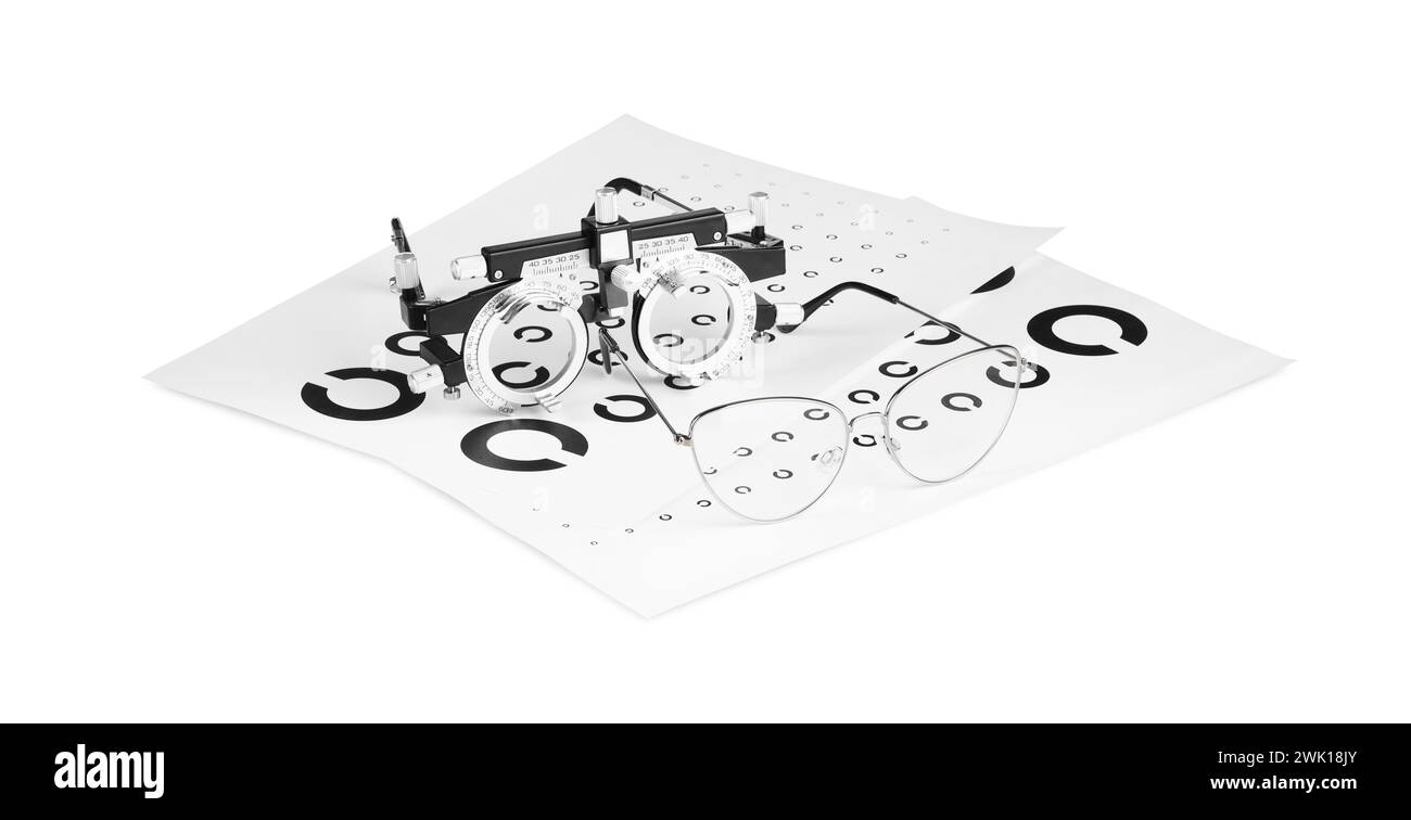 Trial frame, glasses and vision test charts isolated on white Stock ...