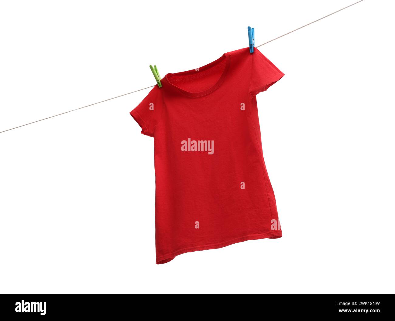 One red t-shirt drying on washing line isolated on white Stock Photo ...